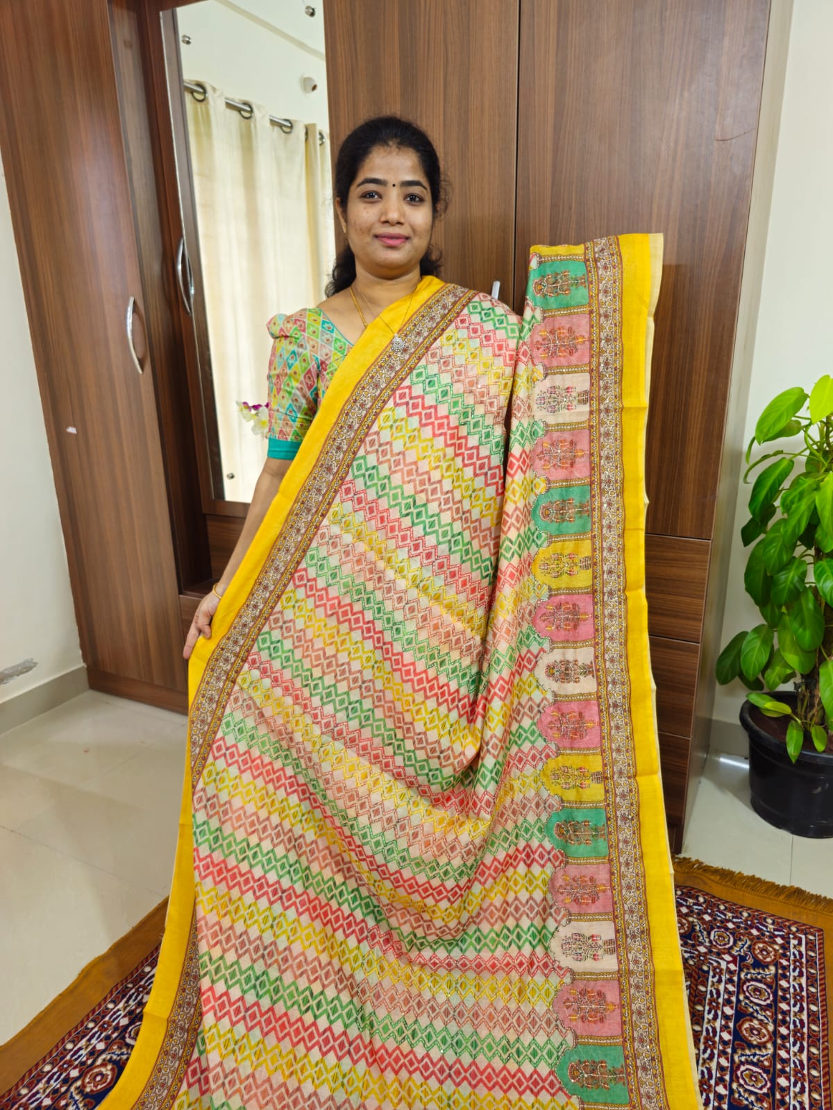 Semi Chanderi Saree with Kantha Embroidery Work - Multi Shade Yellow ...