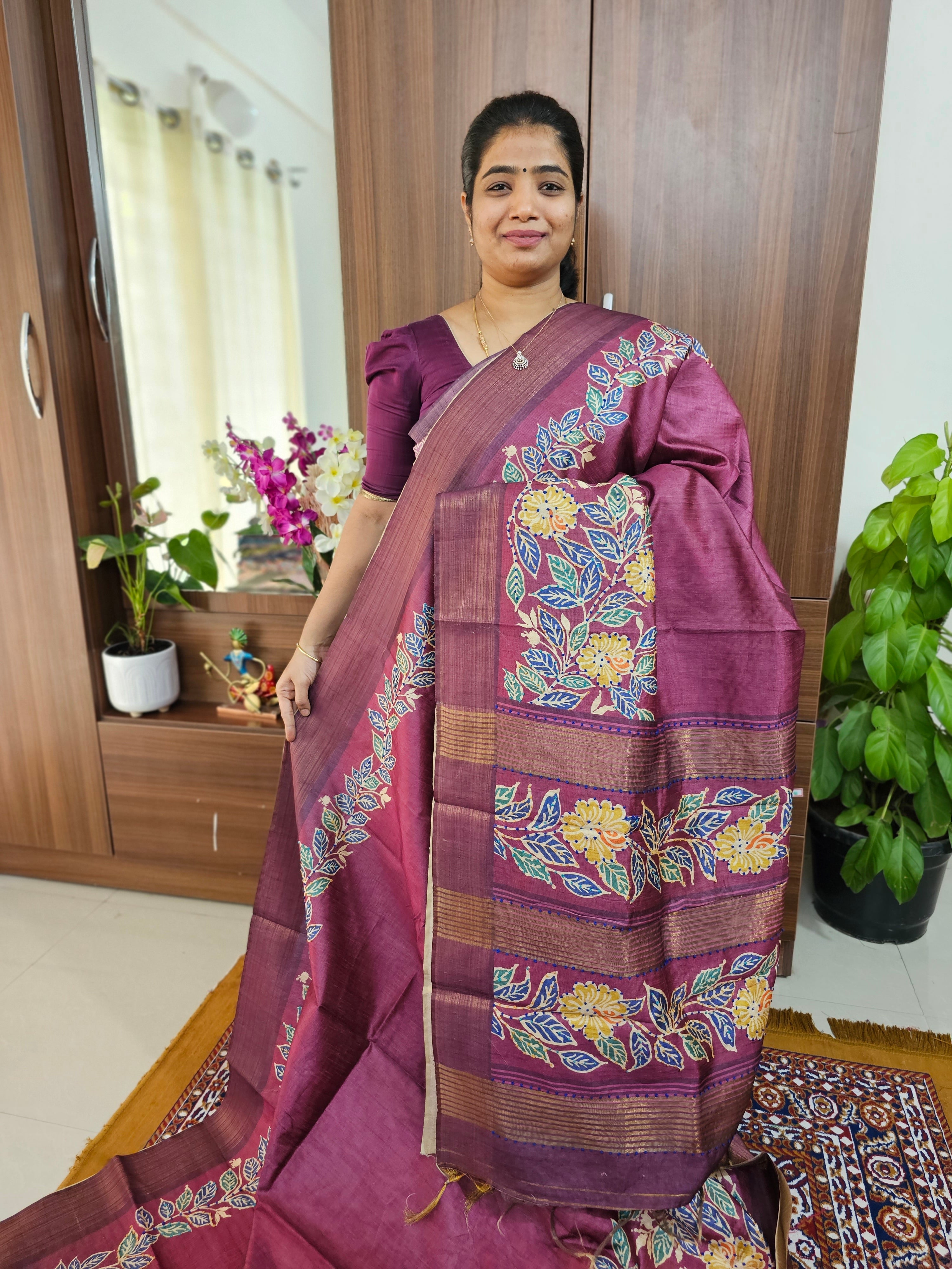 Semi Ghicha with Kalamkari Printed & Dotted Hand Emboridery Saree - Pu ...