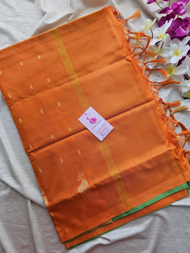 Green with Orange Pallu Handwoven Chinnalampattu Saree – Looms Legacy