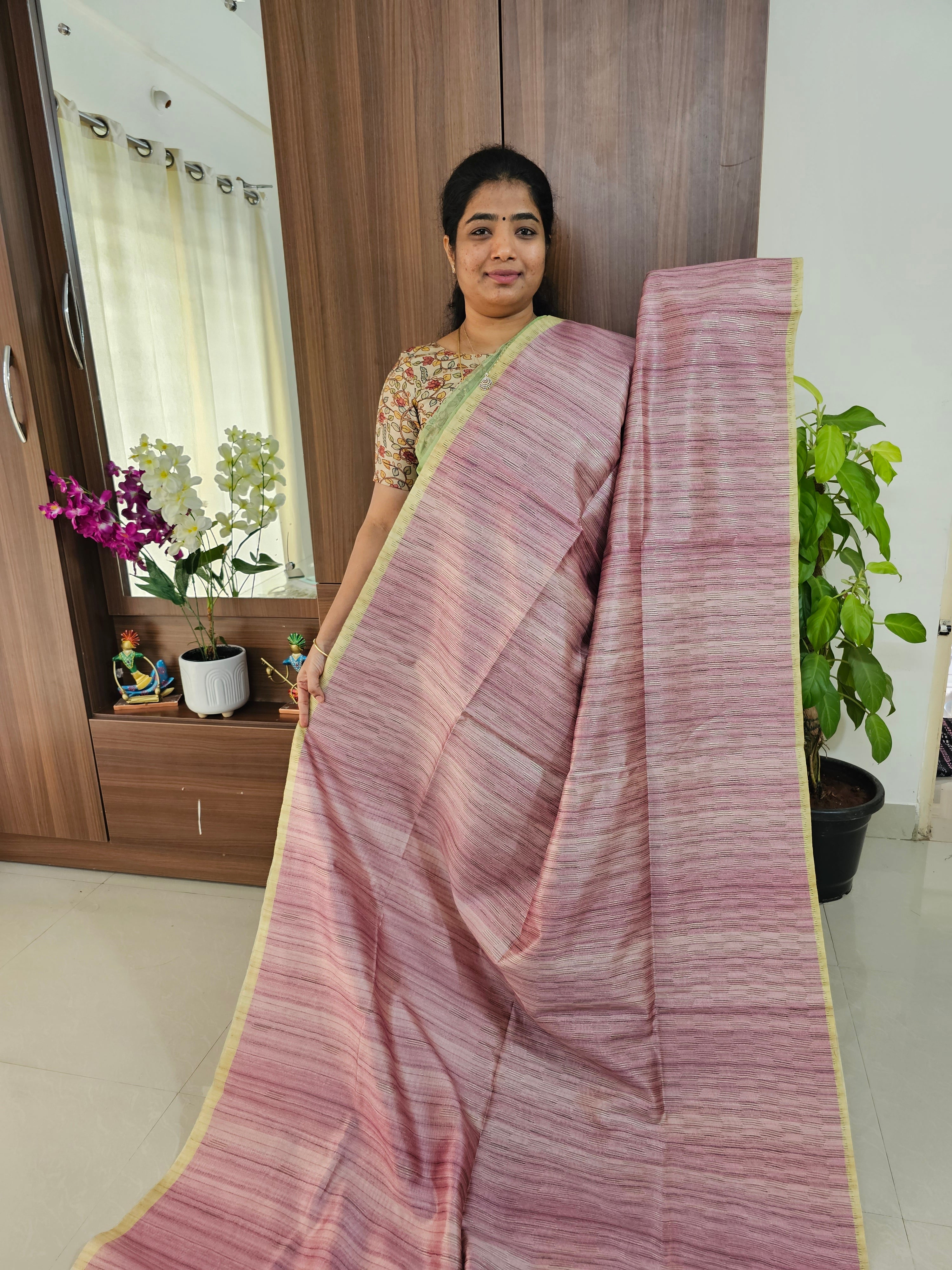 Semi Maandu Tussar Zari Weaving Saree - Onion Pink with Yellow – Looms ...