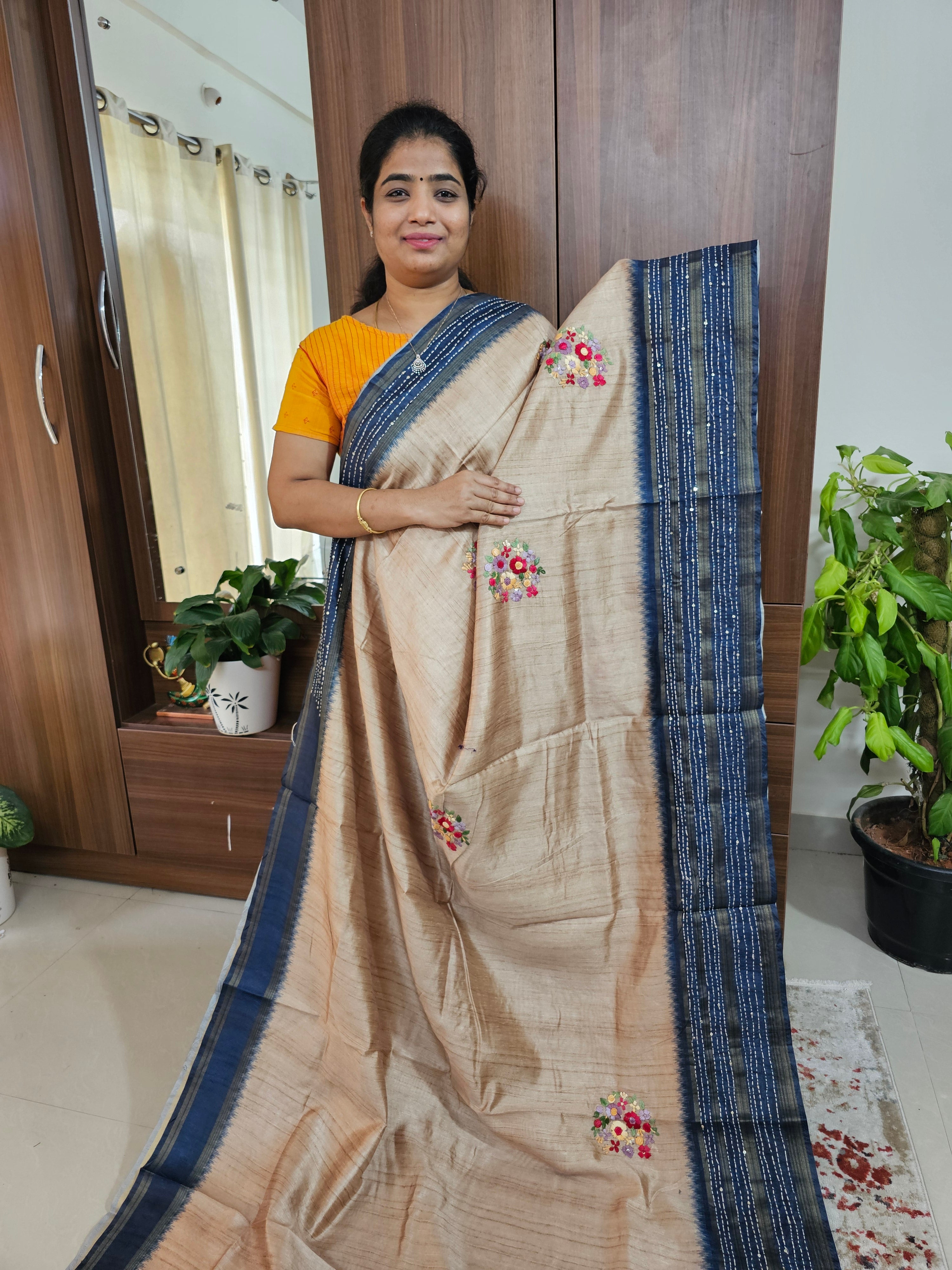 Semi Ghicha with Hand Emboridery Saree -Navy Blue – Looms Legacy