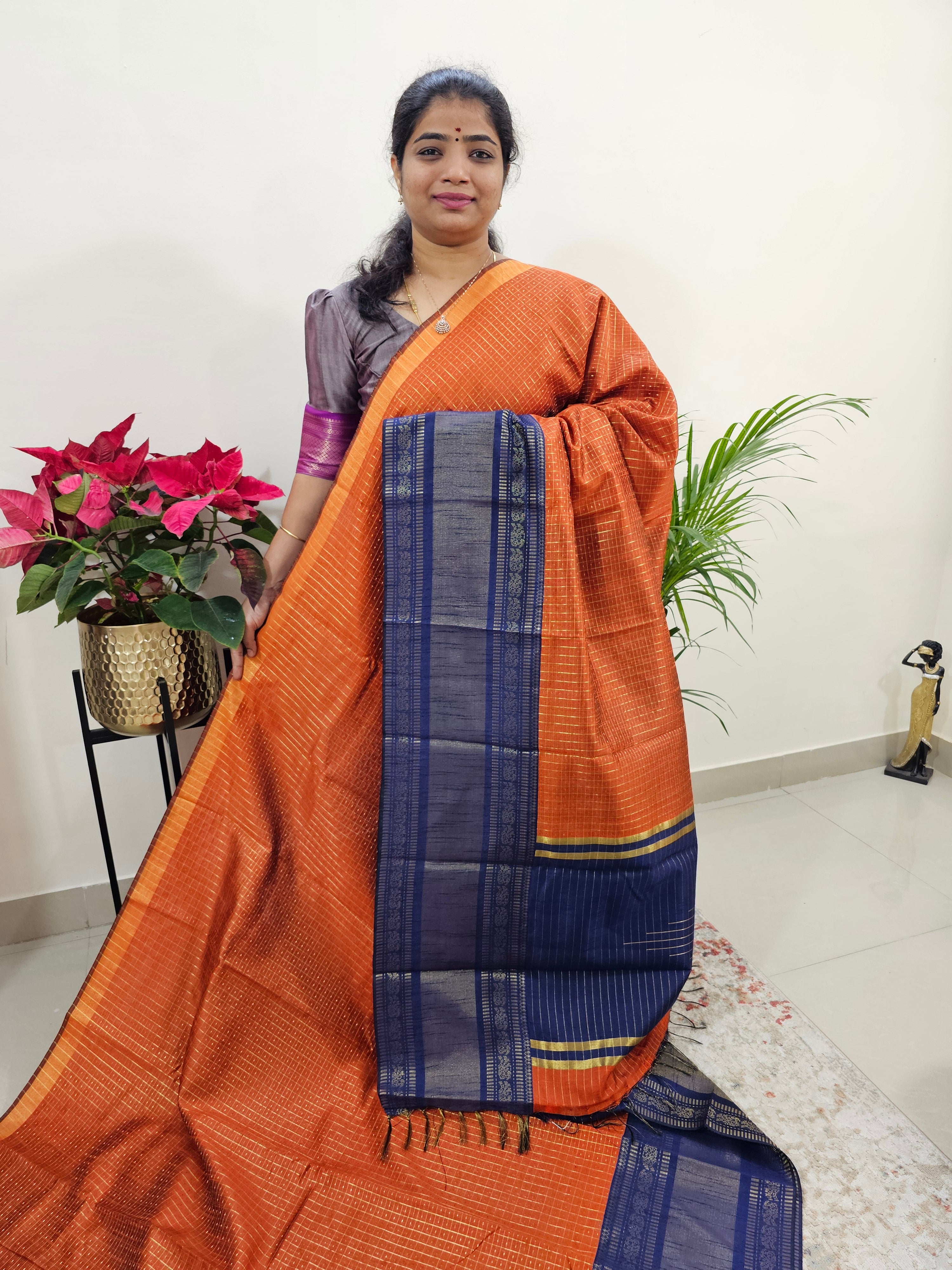 Semi Raw Silk Saree - Dark Orange with Navy Blue – Looms Legacy