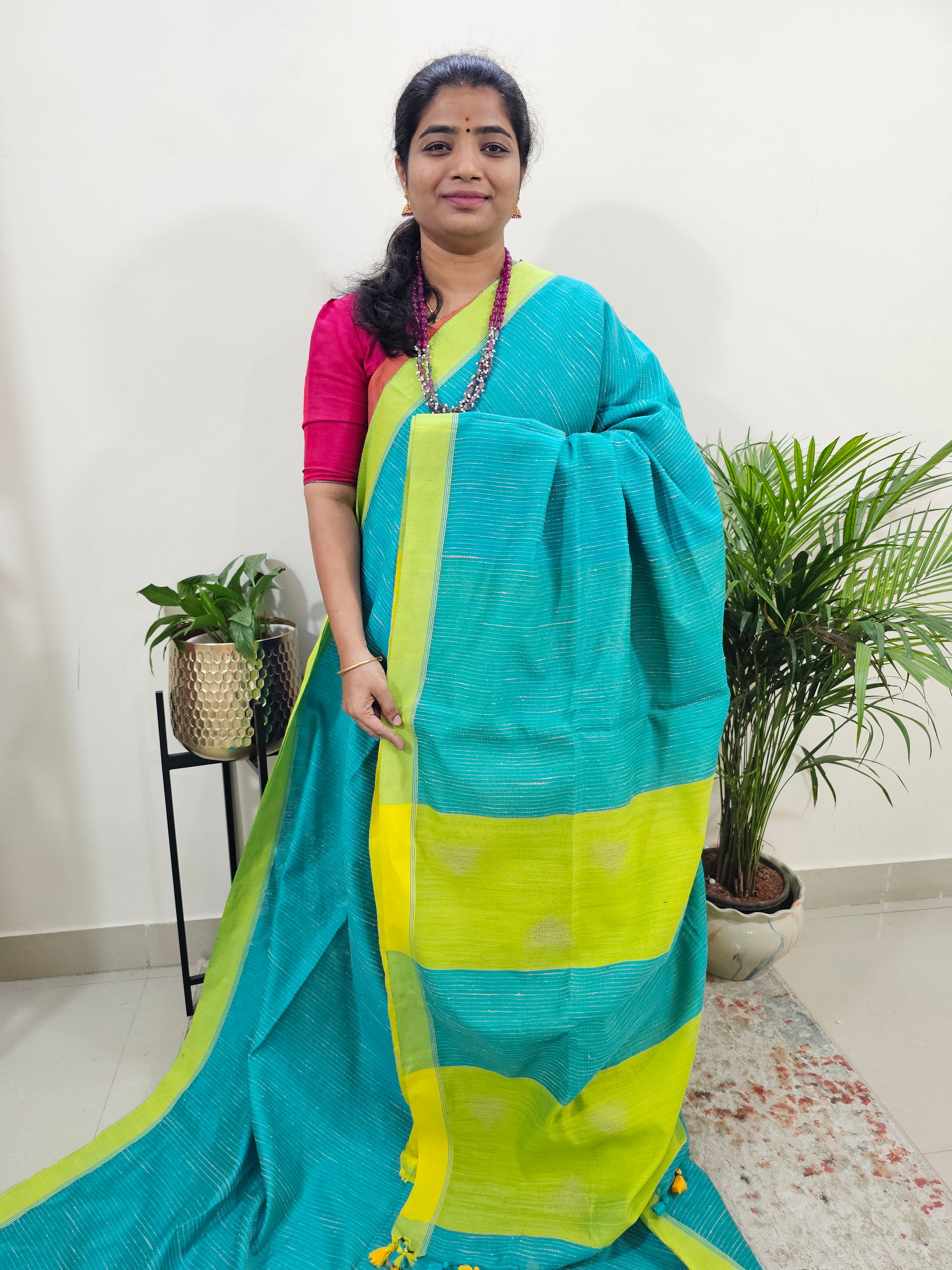 Ghicha Cotton Thread Weaving Saree - Sea Green with Lime Yellow – Looms ...