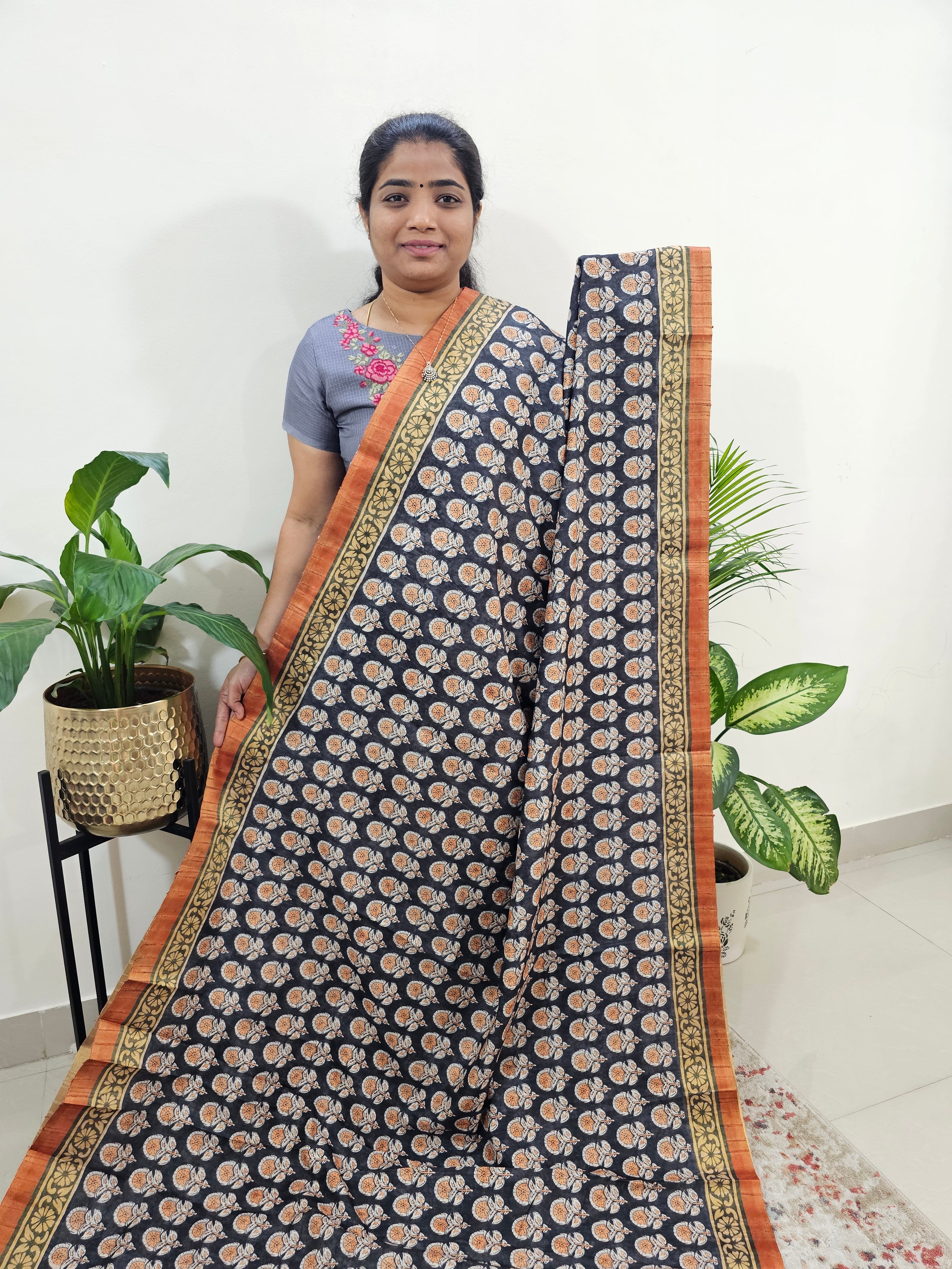 Soft Semi Tussar Digital Prints with Tissue Border - Black with Orange ...
