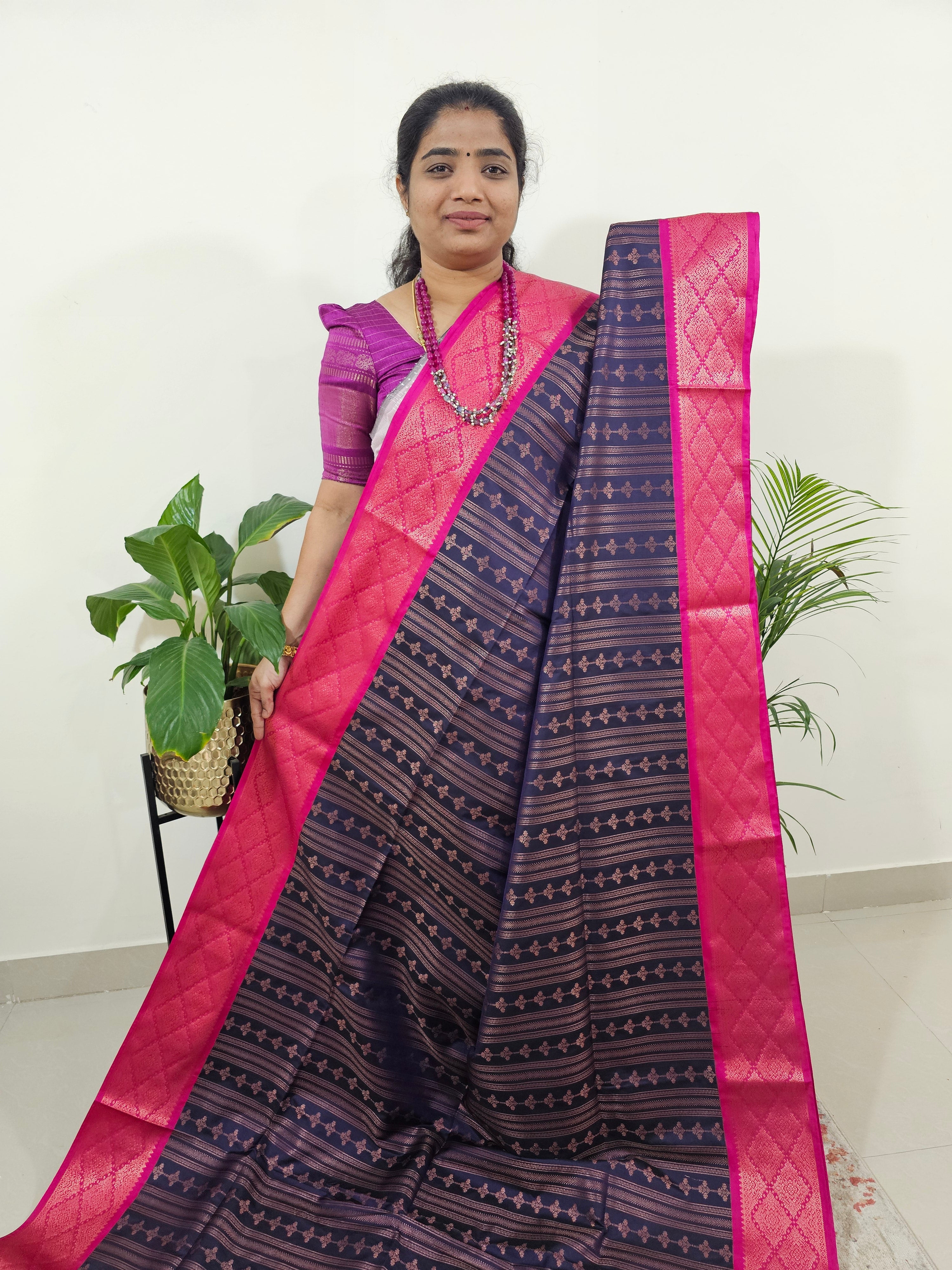 Navy Blue with Dark Pink Semi Kanjivaram Soft Silk Saree – Looms Legacy